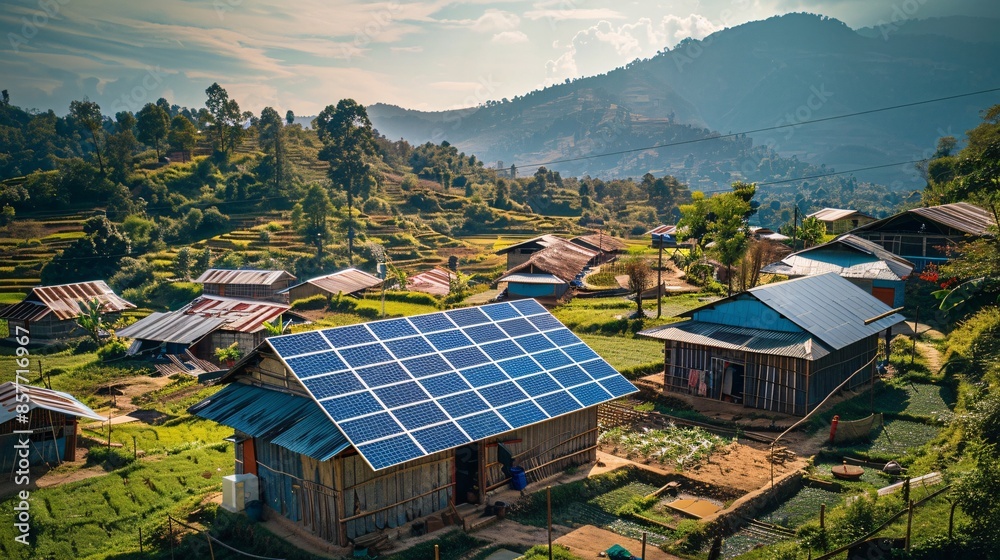 A solar panel array powering a rural village, highlighting the ...