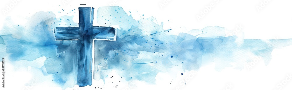 Watercolor blue religious background white cross on blue background ...