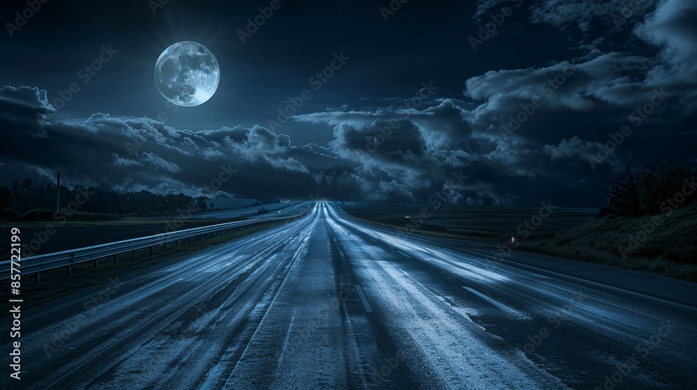 Empty highway at night with moonlight creating a silver path on the ...