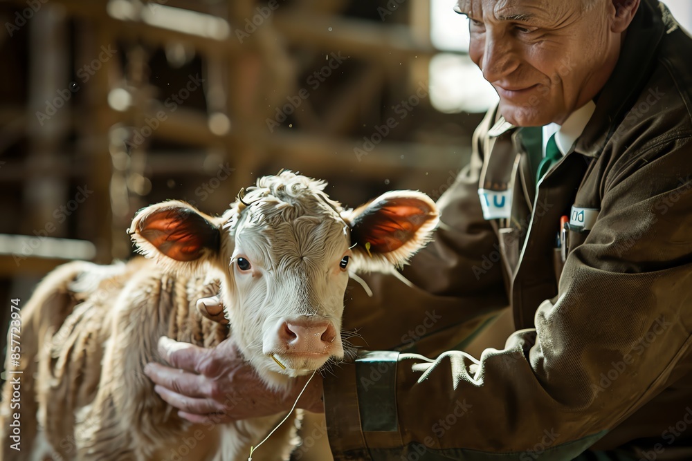 A farmer lovingly cares for a young calf in a barn, showcasing the bond ...