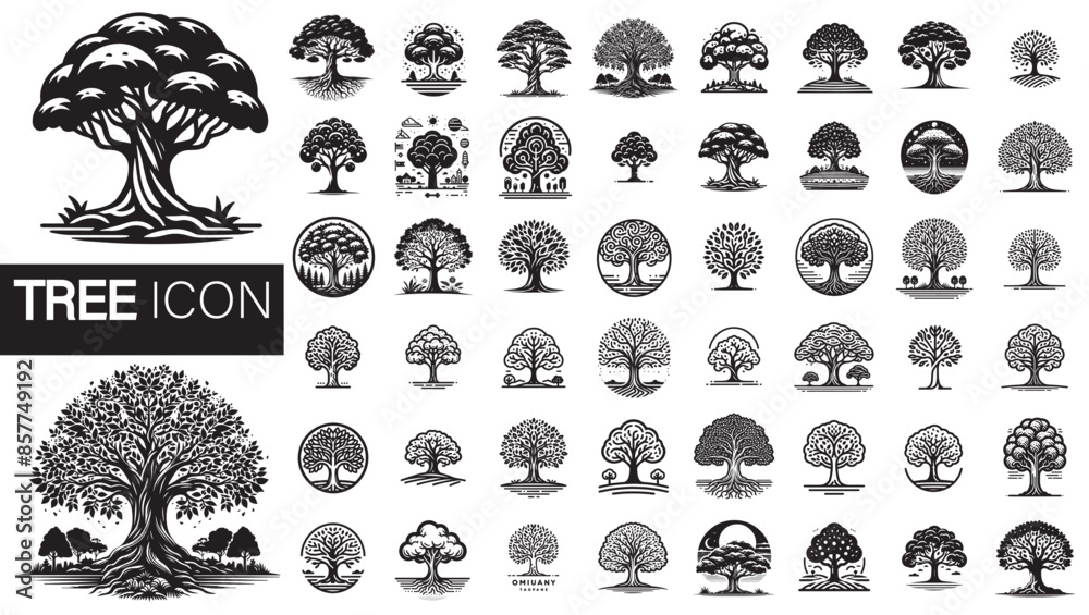 silhouette tree line drawing set, Side view, set of graphics trees ...