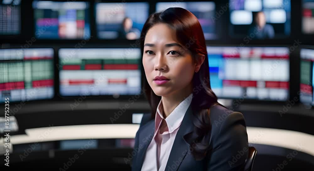 An Asian female news anchor sits in a TV studio with a broadcast ...