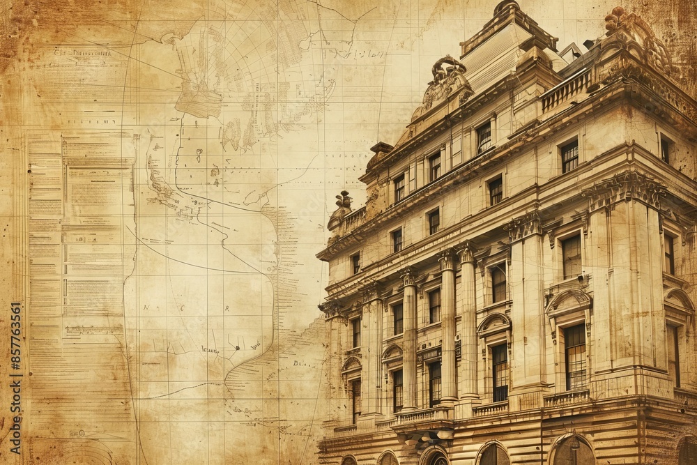Vintage building facade with an antique map overlay, highlighting ...