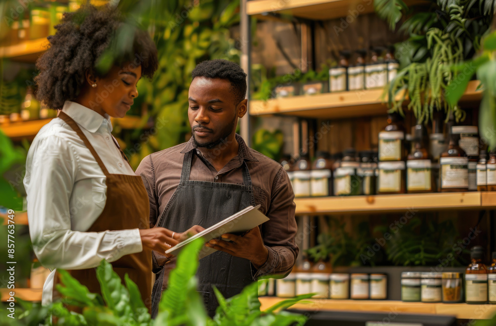 An attractive black male manager with an apron is working in the organi ...