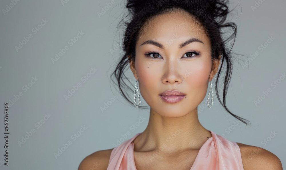 Beautiful Asian woman with an elegant hairstyle and a pink dress ...