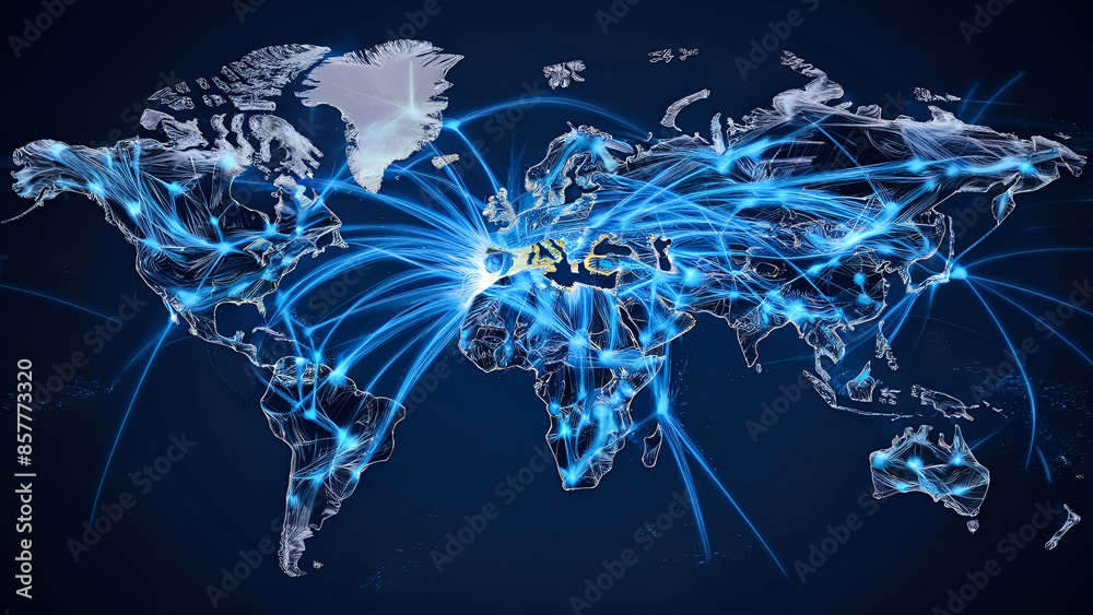 International digital network routes spanning a world map with radiant ...