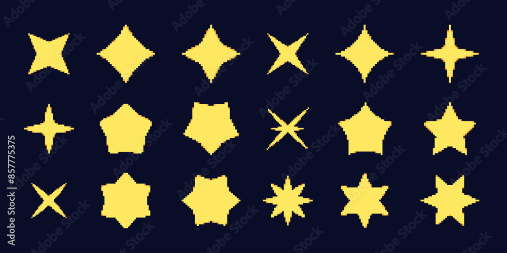 8bit pixel star icon set. Bright yellow sparkle symbol collection. Sparkling stars, glitter ...