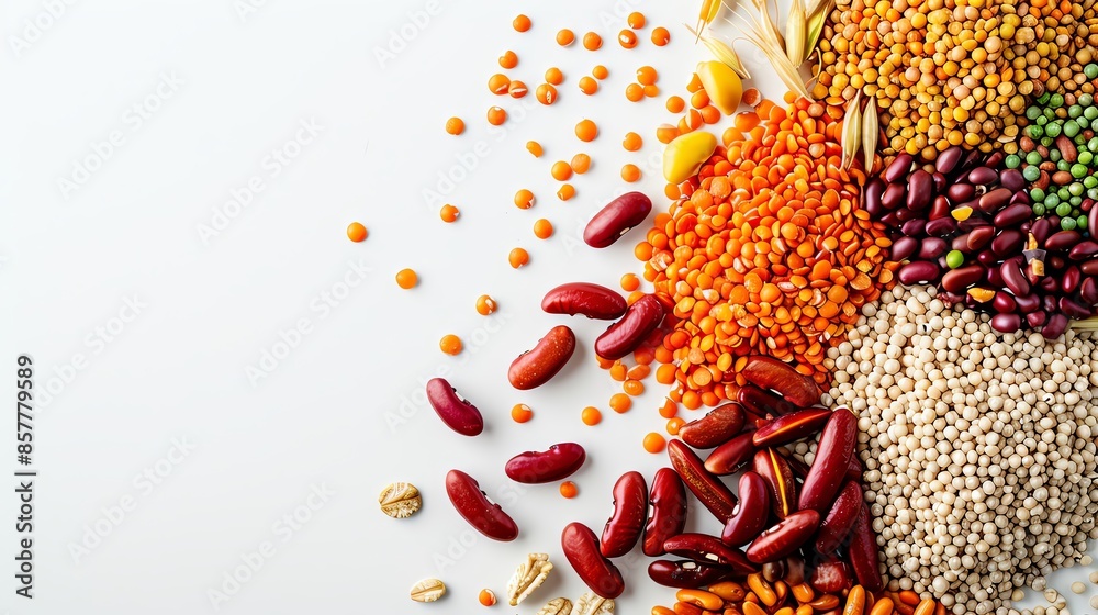 Variety of colorful legumes and grains including lentils, beans, and ...