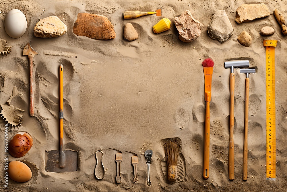 Archaeological tools and artifacts arranged in sand. Ideal for history ...