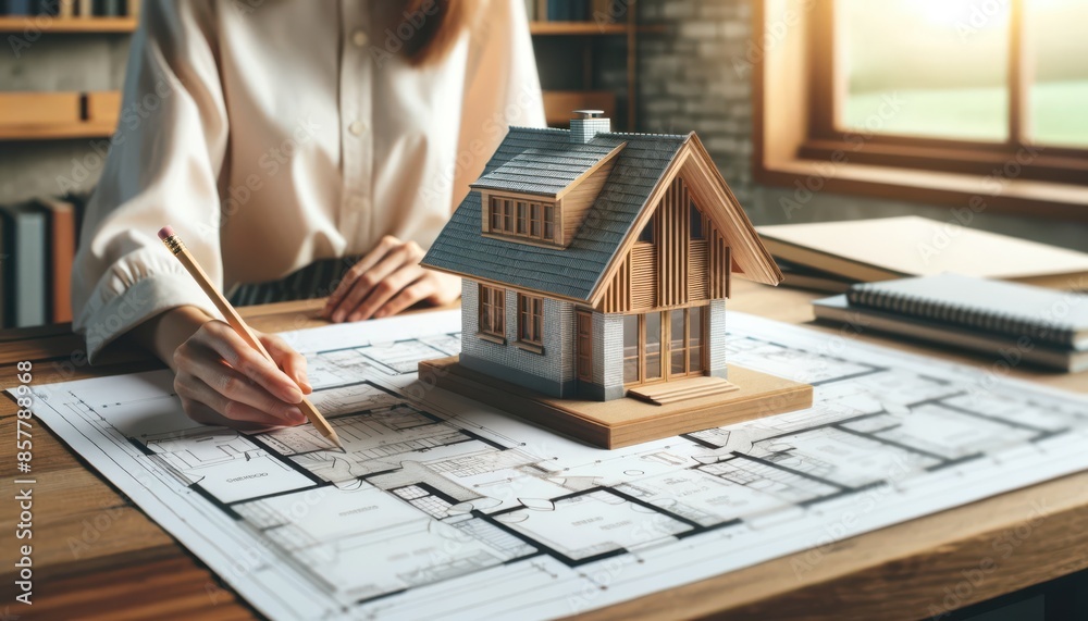showing a small-scale model of a two-story house with a shingled roof ...