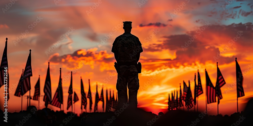 Dramatic silhouette of a lone soldier standing at attention in a field ...