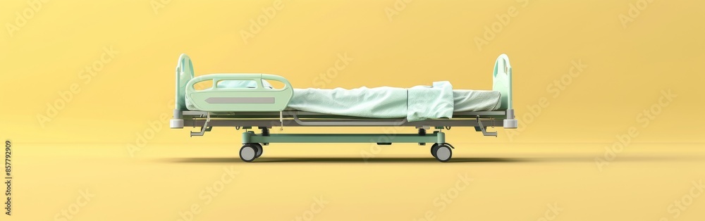 A mint green hospital bed with white sheets is positioned against a ...
