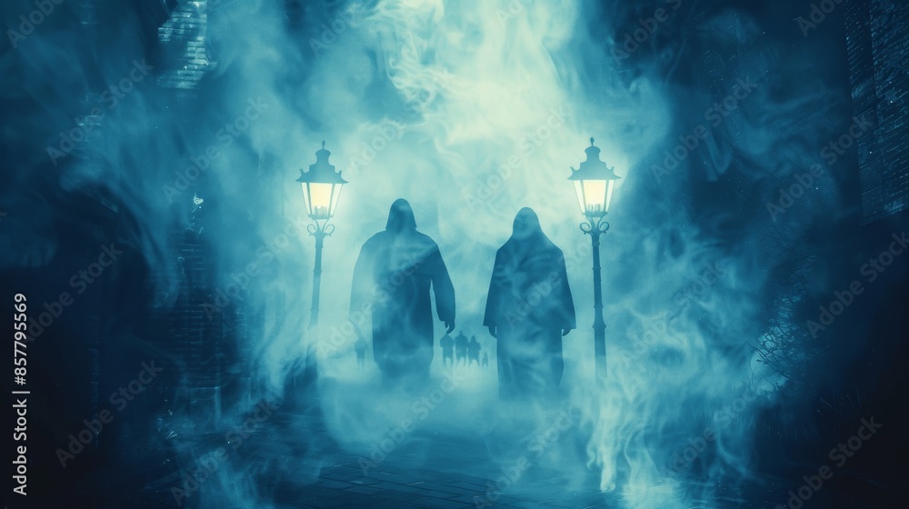 Ghost Tour Poster with Eerie Specters and Lanterns Stock Illustration ...