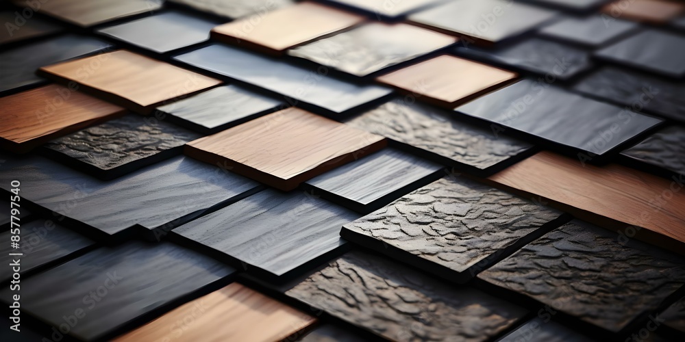 Modern house roofing materials like wooden tiles and grey asphalt ...