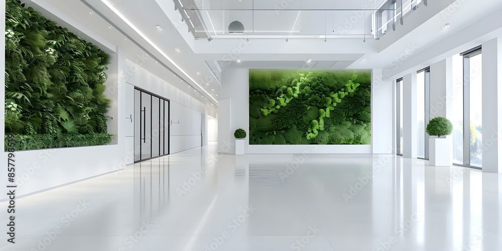 Modern lobby with interactive displays LED lighting live green wall and ...