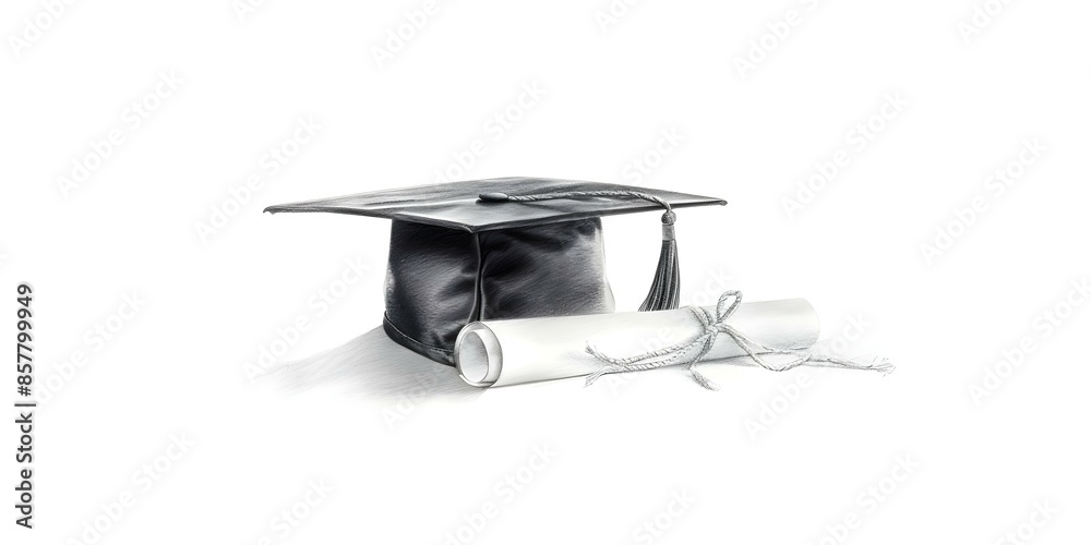 Sketch of graduation cap with tassel and rolled diploma on mortarboard ...
