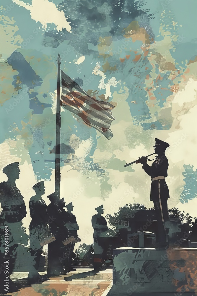 Memorial Day ceremony at a war memorial with a bugler playing Taps ...