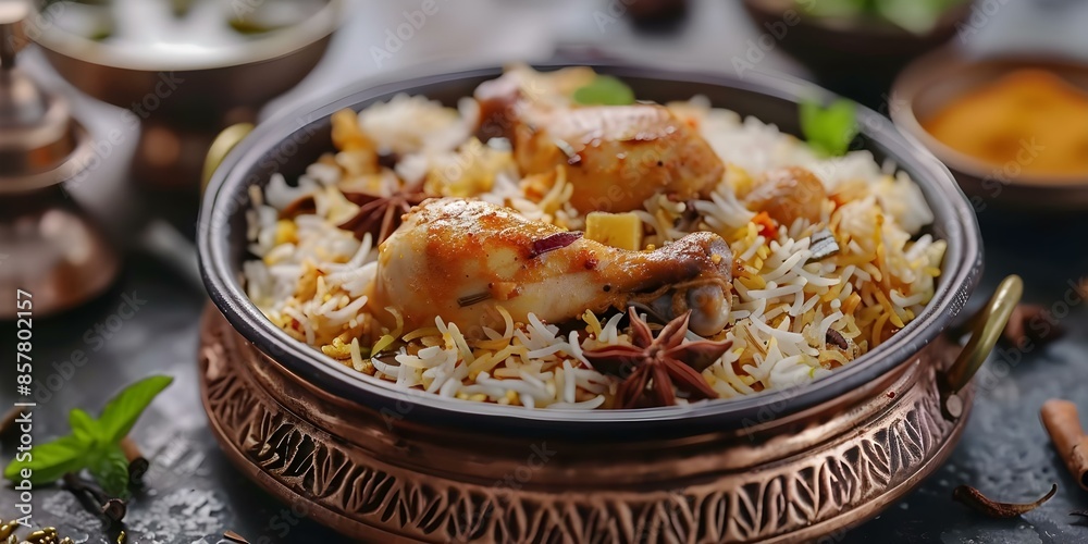 Hyderabadi biryani fragrant rice chicken spices served with Charminar ...