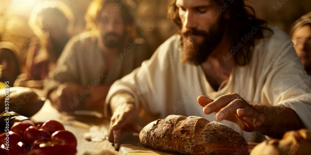 Jesus Christ Blessing the Bread and Wine, Breaking the Bread at the Last Supper Stock Photo ...