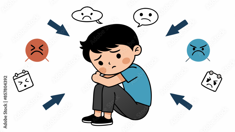 Vector cartoon illustration of a sad boy hugging his knee and crying ...