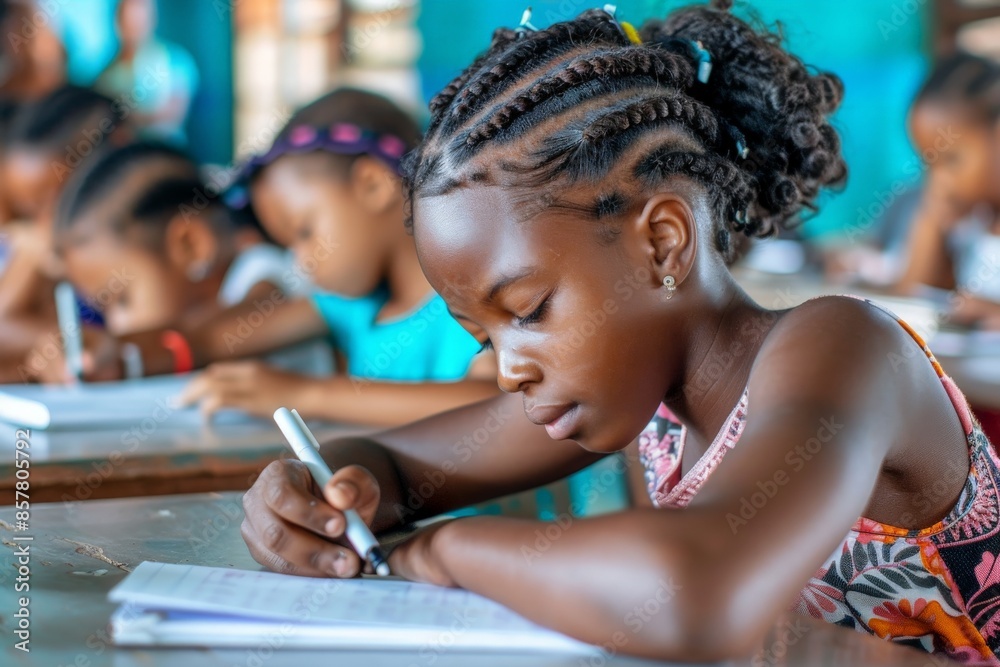 Focused African American Students Writing in Classroom Educational ...