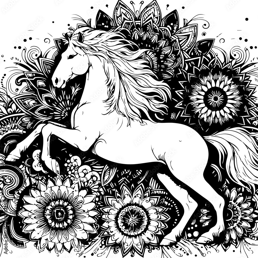 Floral Horse Adult Coloring Page Patterned Rearing Horse Coloring Page ...