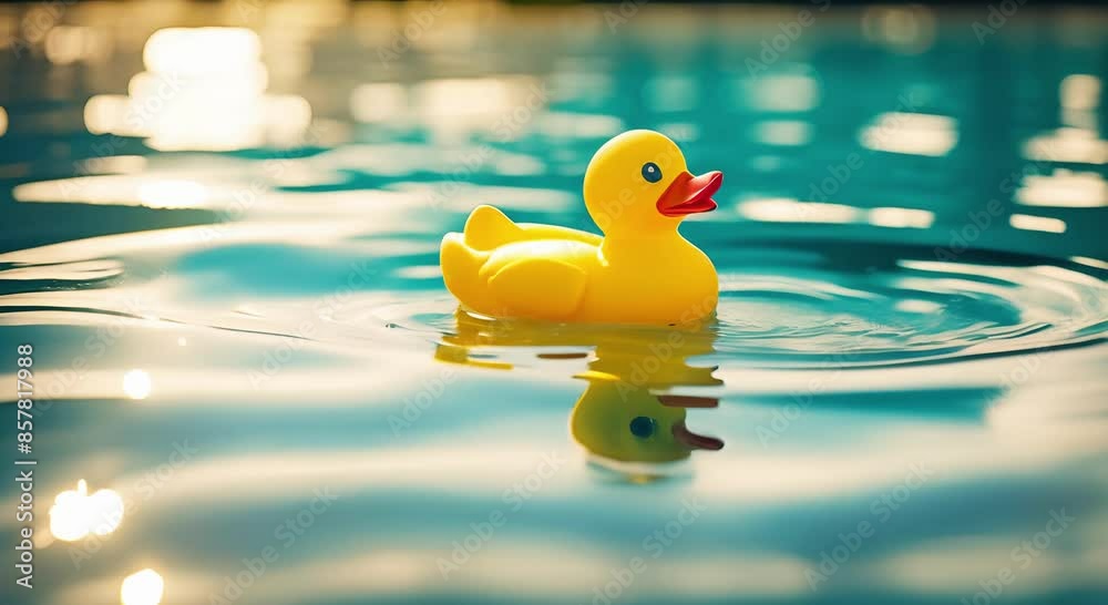 Animated yellow rubber duck floating on water in the pool with ...