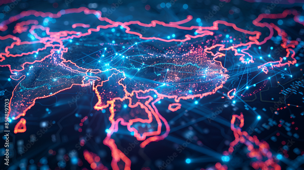 Digital map of China, concept of South East Asia network and ...
