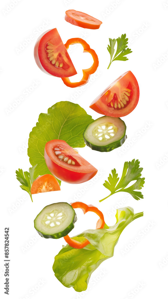 Isolated slices of vegetables. Falling cut cucumber, tomato and bell ...