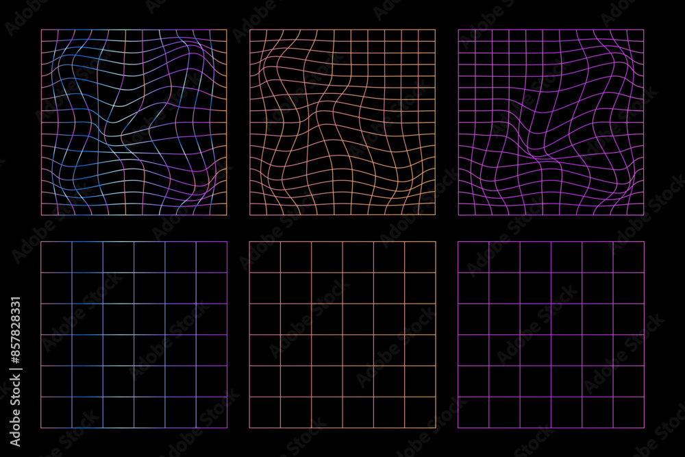 Distorted neon grid patterns, geometry wireframe line set. Synthwave ...