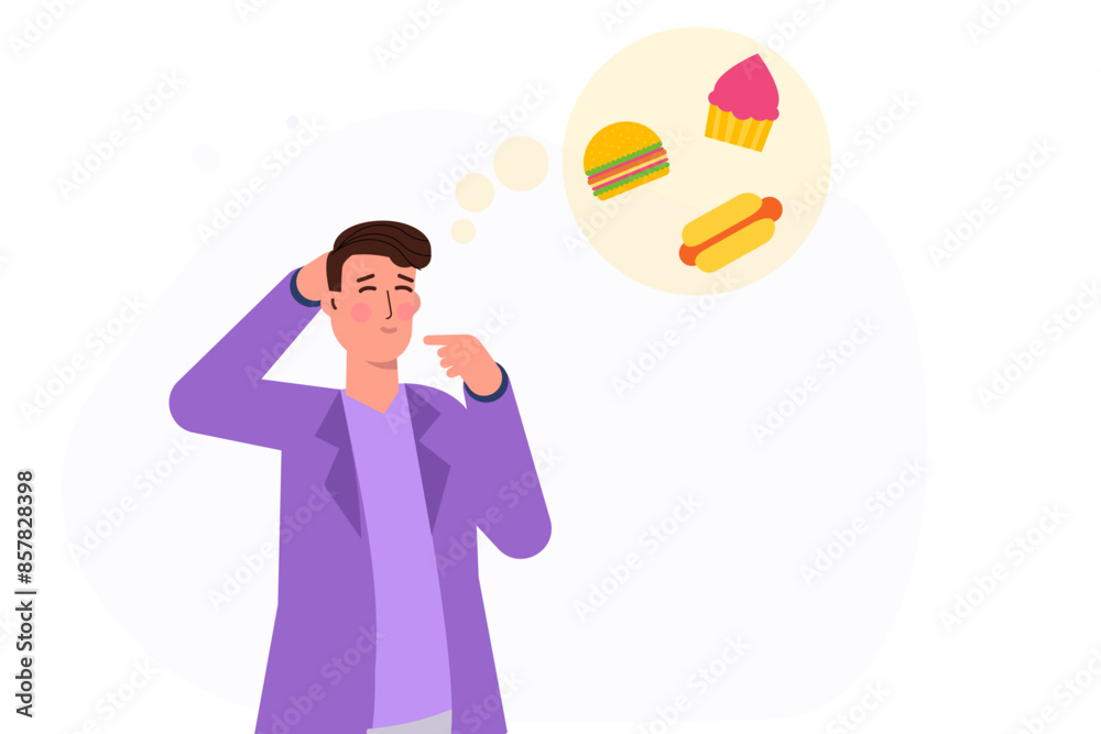Unhealthy nutrition hunger. Man thinking food. A hungry guy with an ...
