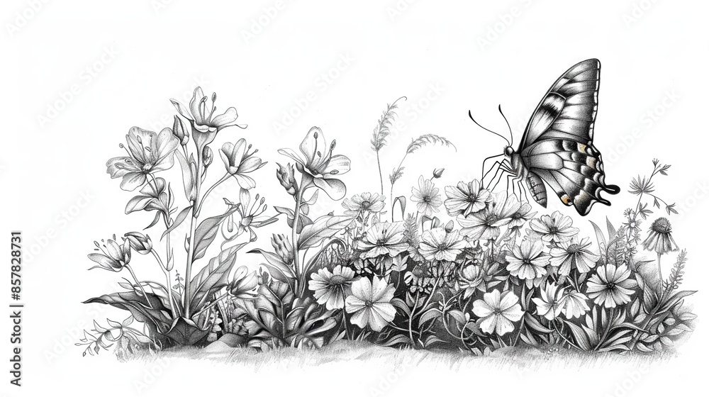 Pencil sketch of butterfly flying over flower isolated on white ...