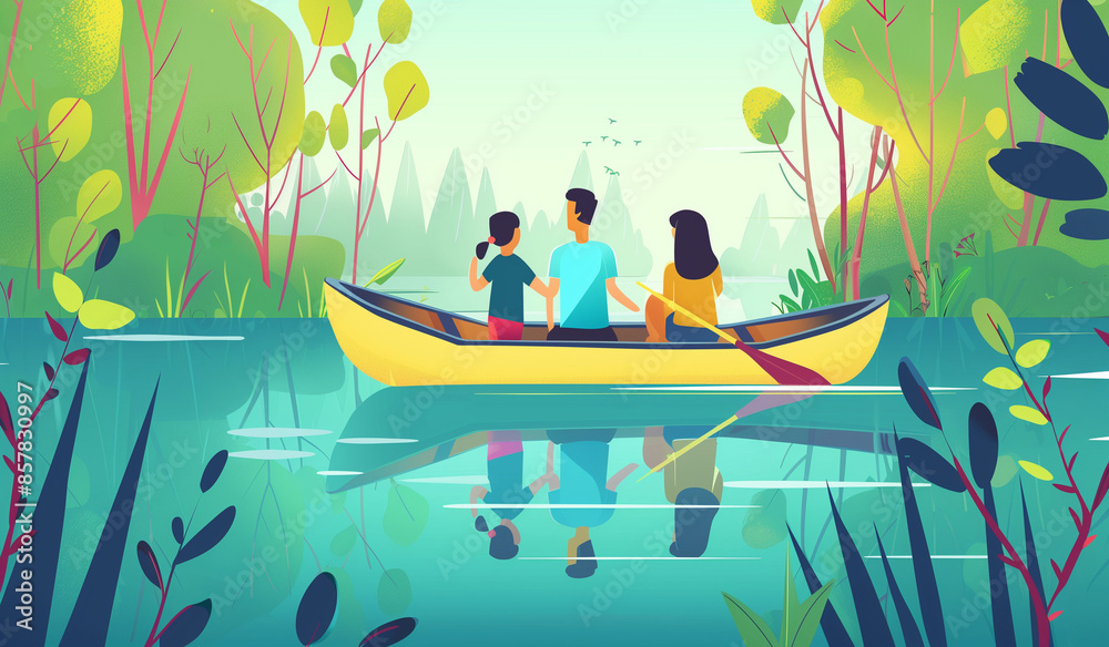 cartoon family boat ride in a swamp forest vector illustration with ...