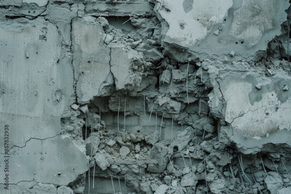 Close-up of a crumbling concrete wall with exposed rebar, cracks, and ...