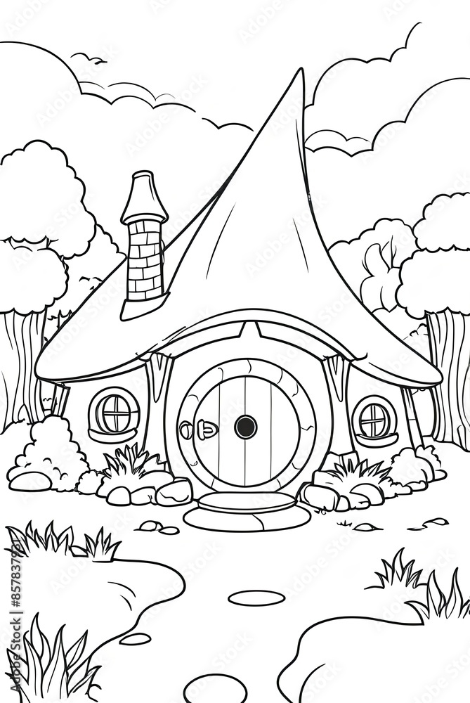 Fantasy hobbit house Kids /adults coloring page book, line art ...
