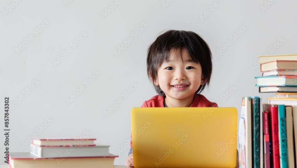Boy is sitting at a desk, asian, chinese boy working on laptop computer ...