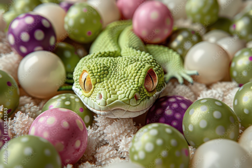A close-up photo of a green gecko resting among a pile of polka dot ...
