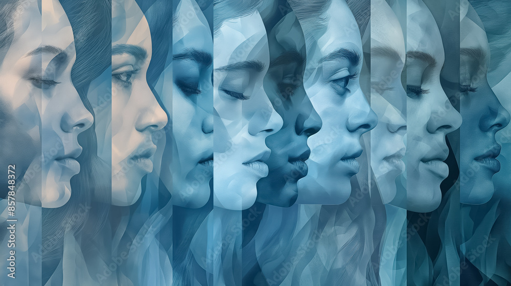 Dark blue collage background with multiple woman faces in anxious and ...