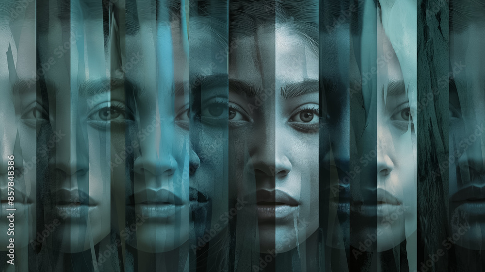 Dark blue collage background with multiple woman faces in anxious and ...