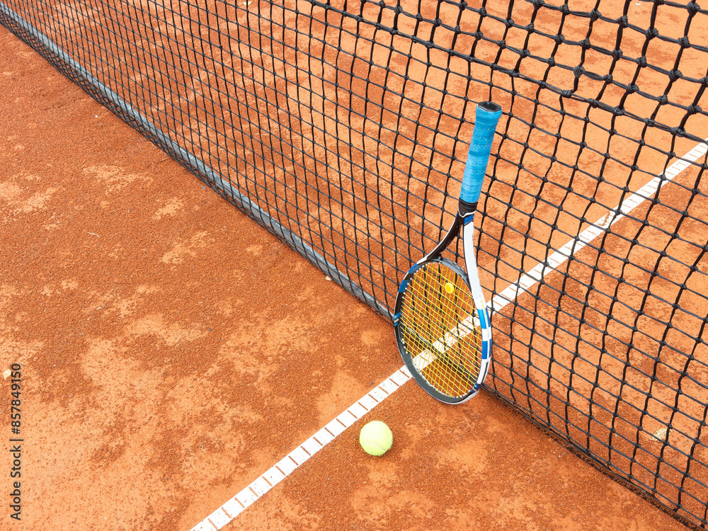 Balls and racket are lying on clay brown professional tennis court ...