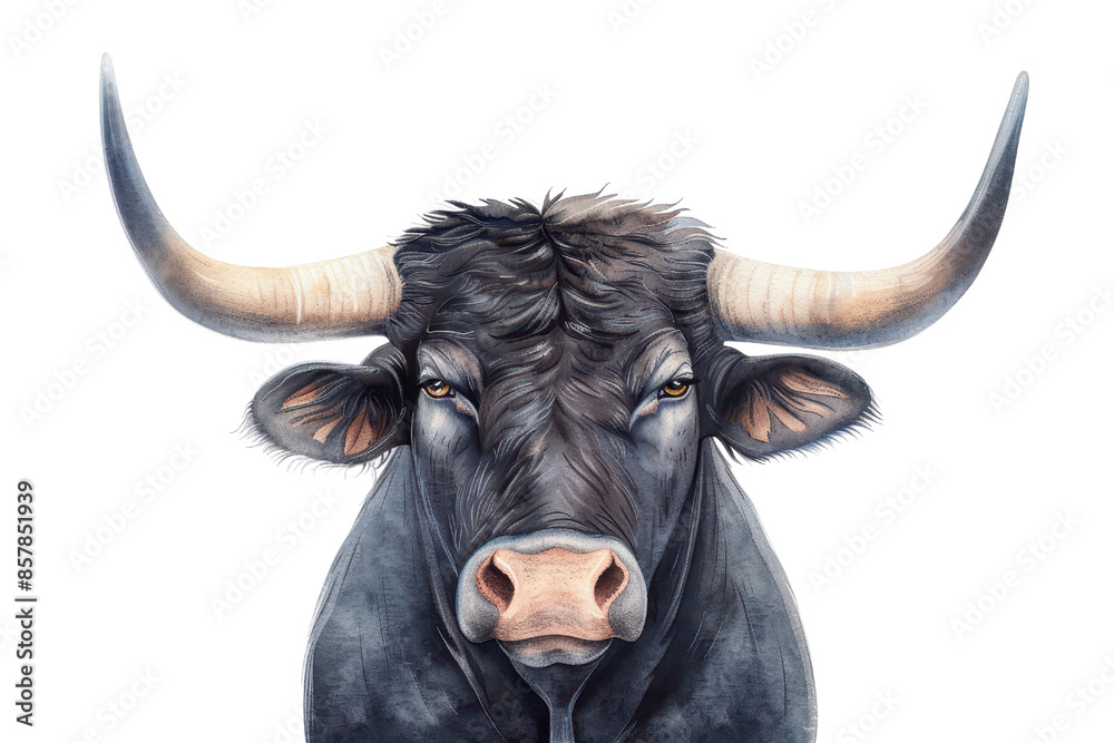 Realistic illustration of a majestic bull facing forward with ...