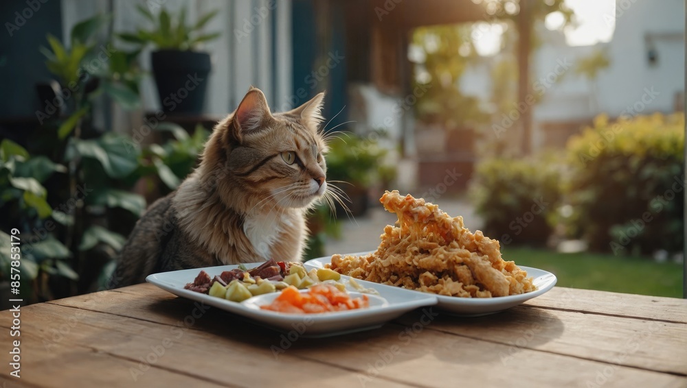Cat sitting on a table with plates of food, looking intently at the ...