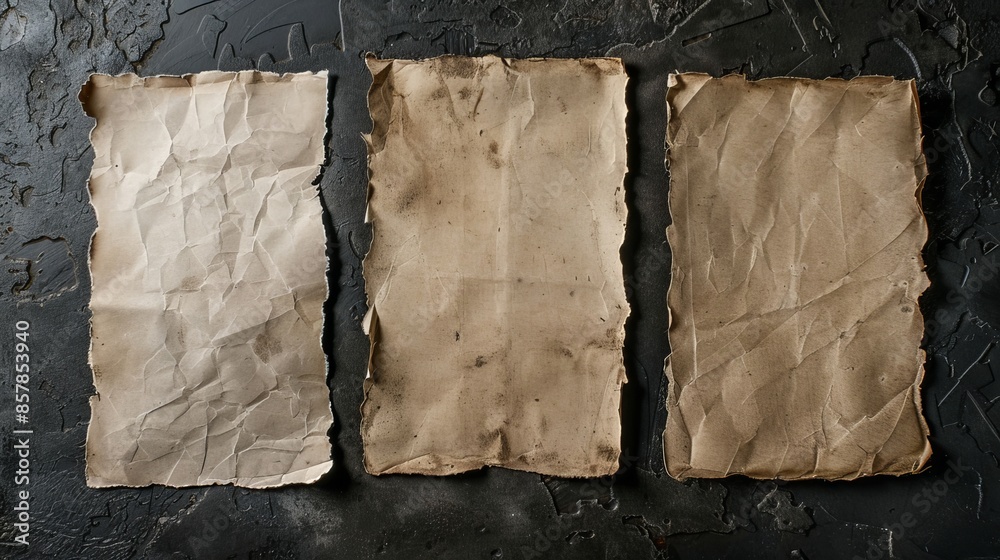 Embossed ripped paper backdrop surface placard on gray wall background ...