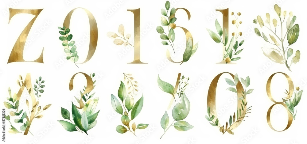 Gold number set with watercolor roses and leaves. Applicable to wedding ...