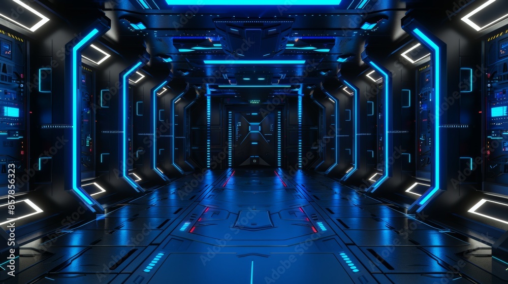 Dark hall with metal door and neon blue lamp illumination. Modern ...