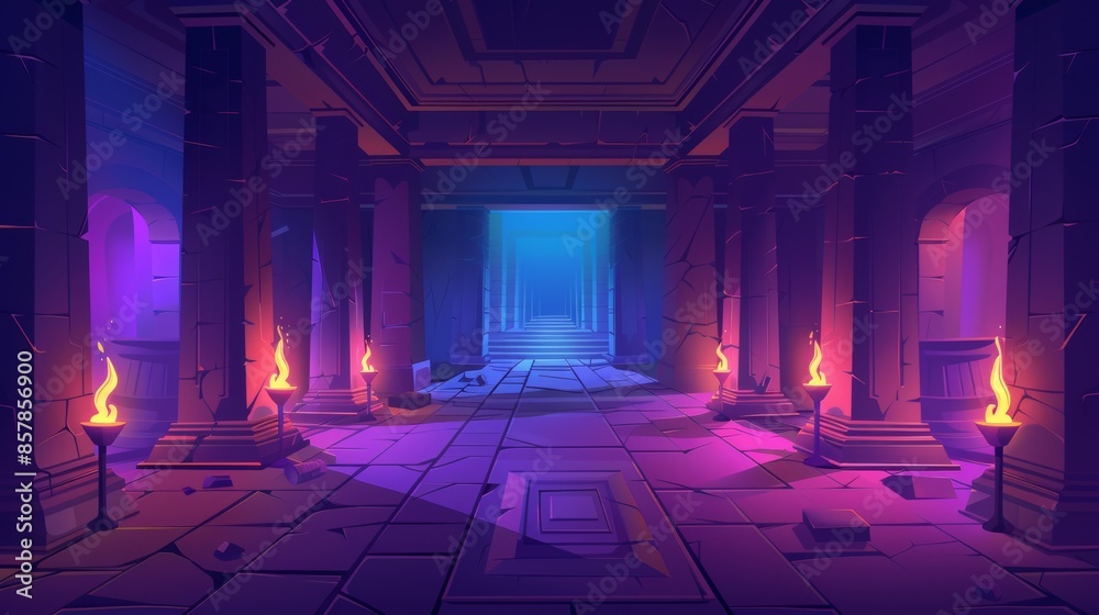 Old Egypt or medieval stone corridor at night with bokeh effect and ...