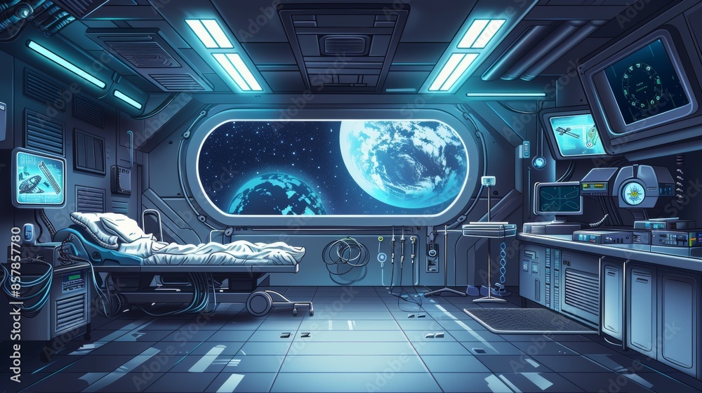 Spaceship laboratory interior room with cryogen capsule cartoon ...