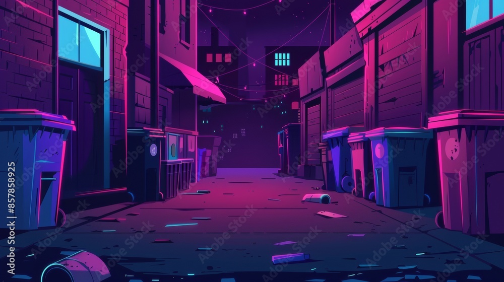 A cartoon of a night alley in a city, lit by a cyber neon light. A ...