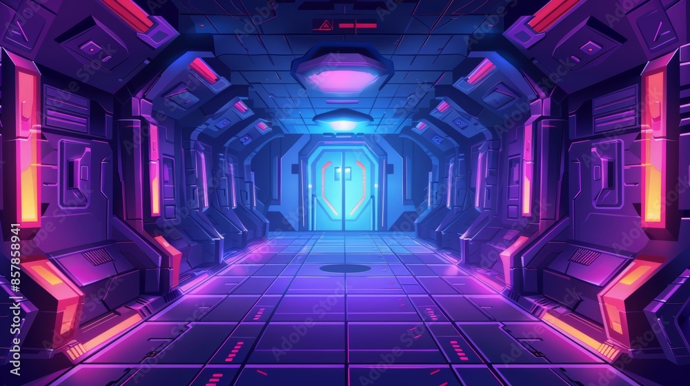 2D digital laboratory station with neon light inside lock corridor ...