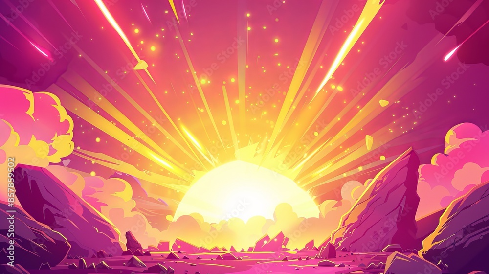 Cartoon modern background of cloudy heaven with bright sun shining ...